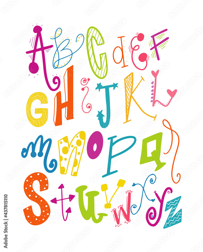 Colorful fun bright rainbow gender neutral alphabet vector print font ...