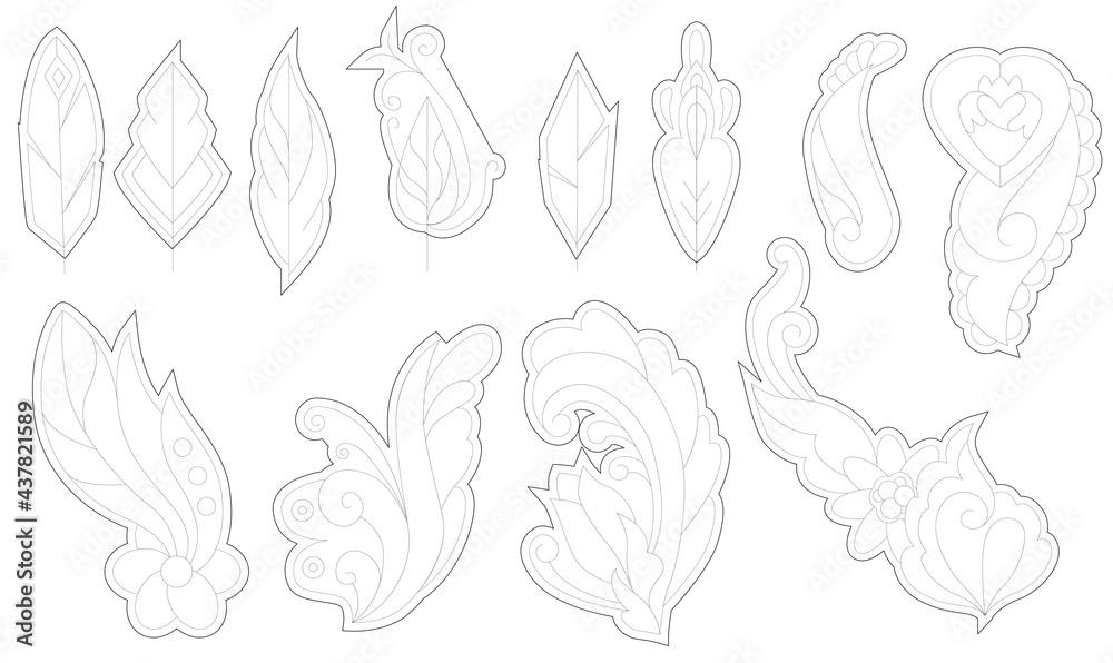 Contour linear illustration for coloring book. Set with floral elements ...