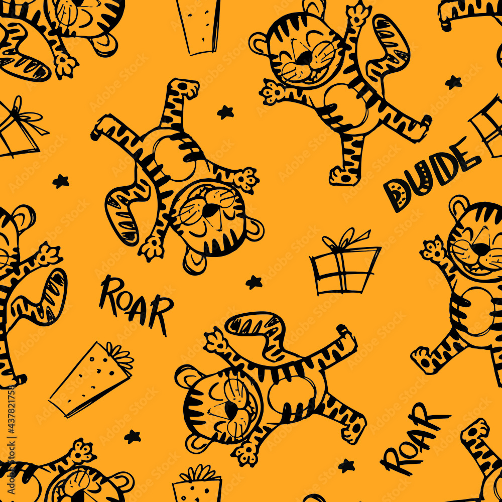 hand drawn cartoon tiger seamless vector pattern. For children's ...