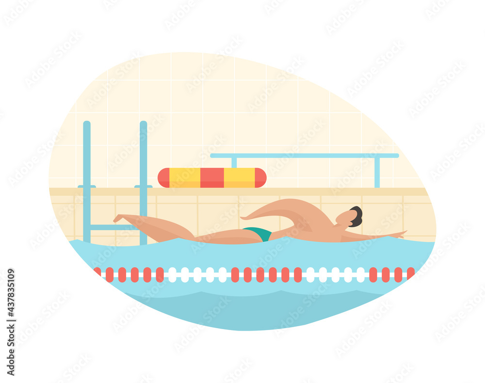 Speed swimming in pool. Muscular man swims fast in crawl style ...