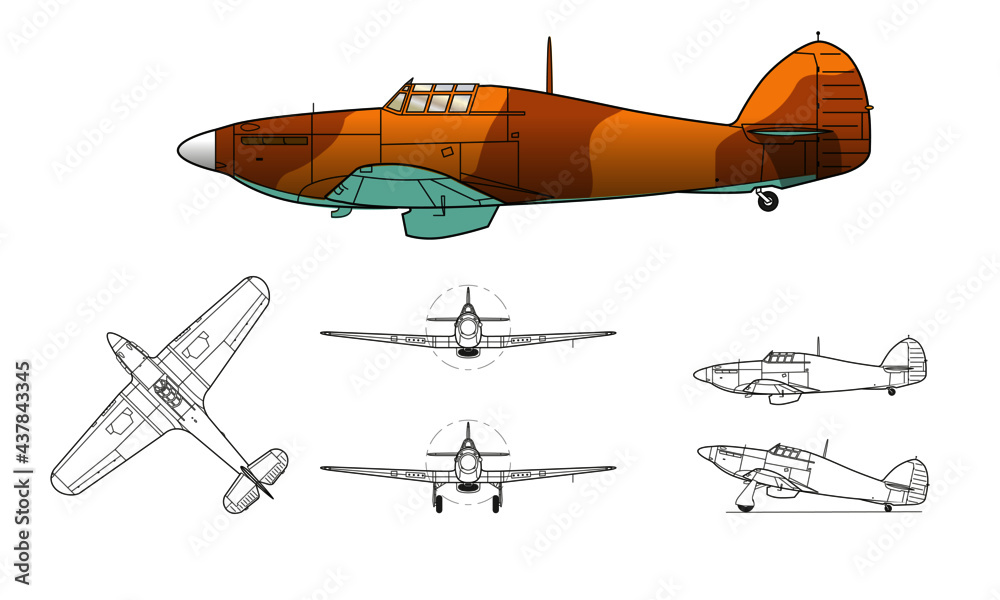 Hawker Hurricane WWII fighter aircraft. Vector illustration in black ...