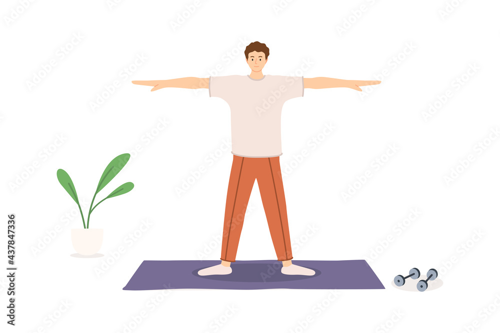 Fitness classes at home. The man is doing sports exercises. The young ...