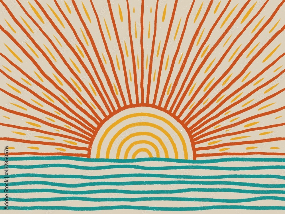 Mid century modern art with sun and sea. Abstract landscape with ...