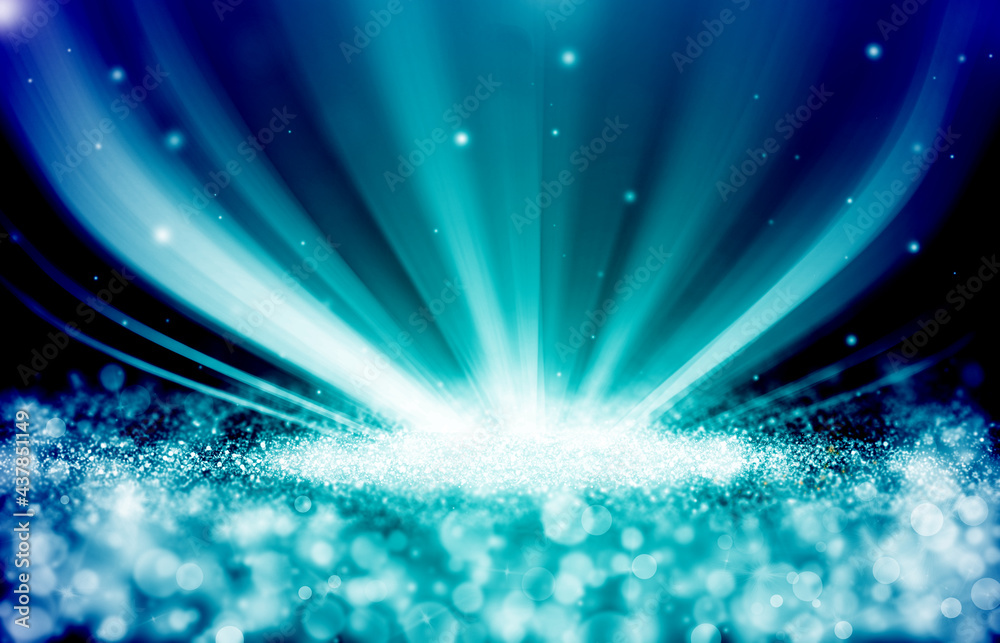 Night blue color sparkle rays glitter lights with spotlight bokeh ...