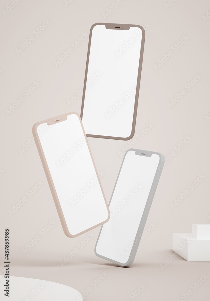 Three floating phones blank screen mockup for app design presentations ...