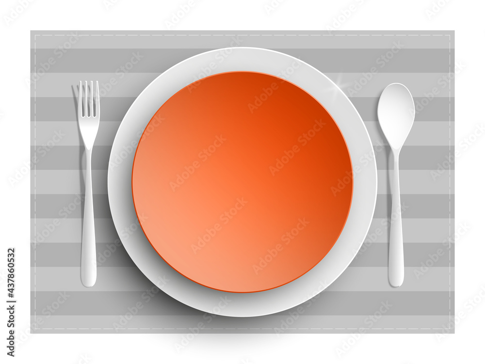 Plate, spoon and fork isolated on napkin background. Canteen icon ...