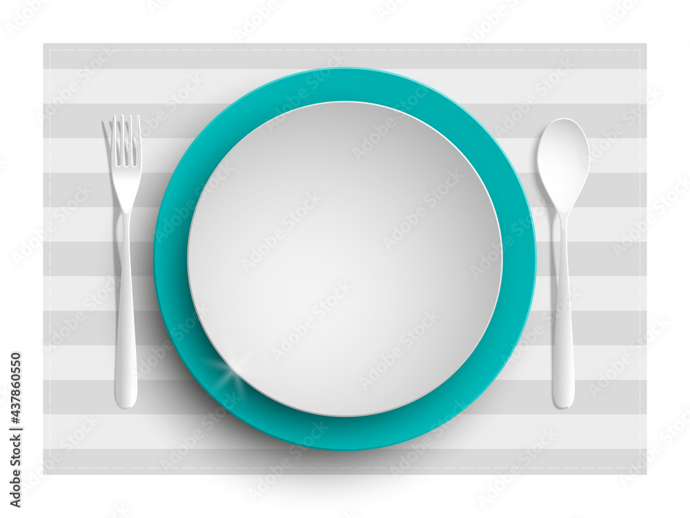 Plate, spoon and fork isolated on napkin background. Canteen icon ...
