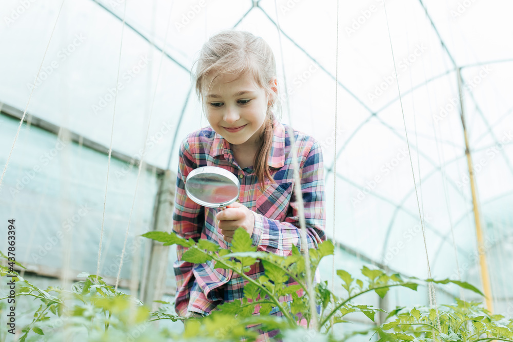 Image of smiling kid with magnifying glass exploring the nature ...
