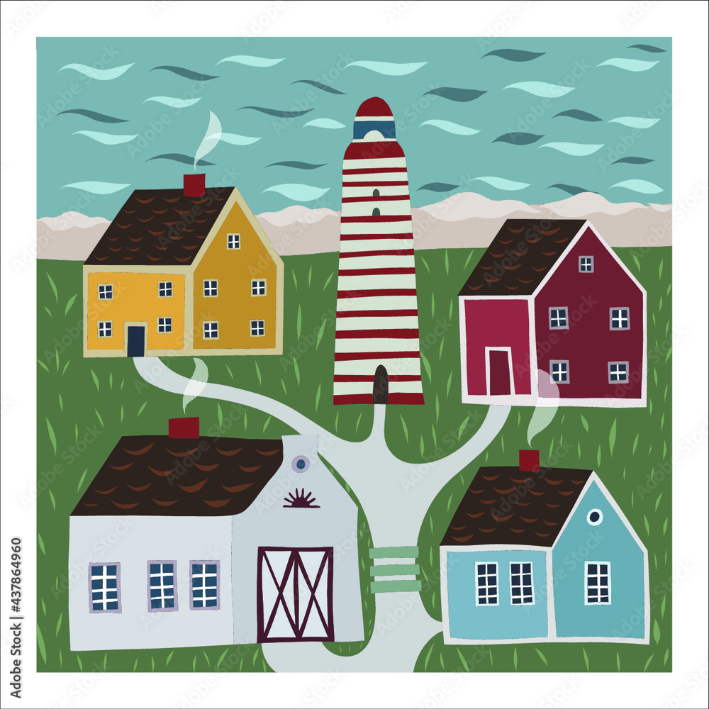 Rural East European village scene with old Slavic log houses in front ...