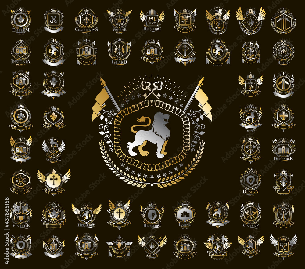 Vintage heraldic emblems vector big set, antique heraldry symbolic ...