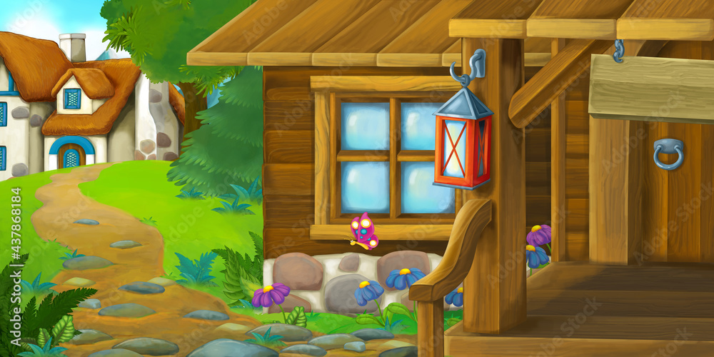 cartoon scene wooden house on farm ranch illustration Stock ...