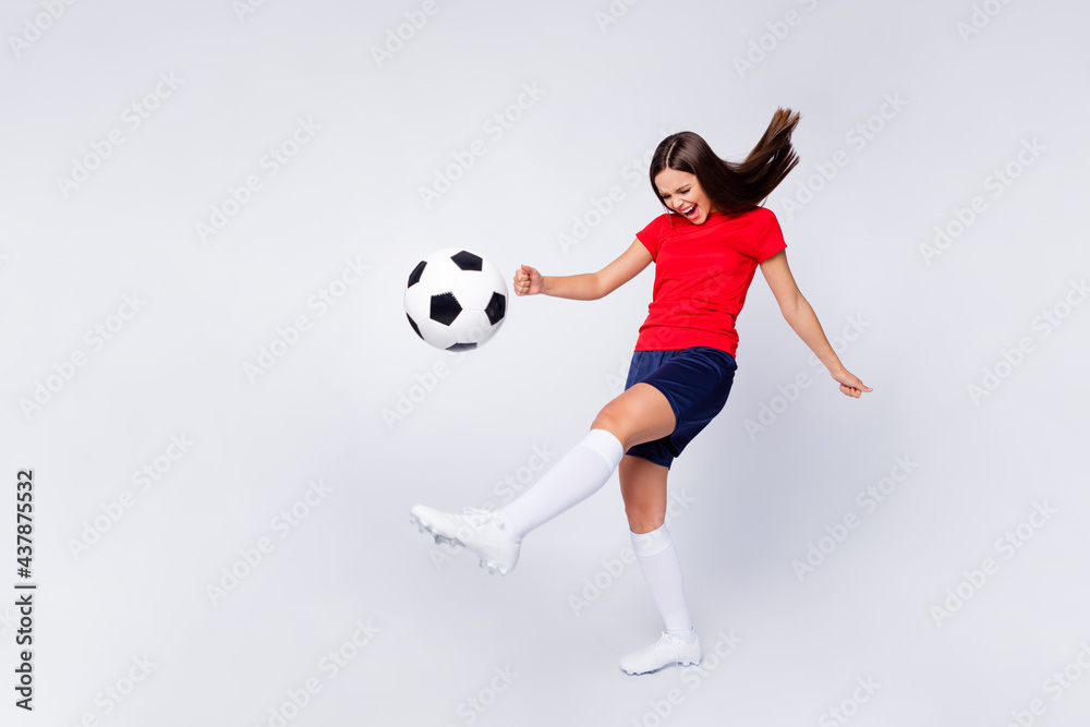 Full body profile photo of crazy lady goalkeeper player soccer team ...