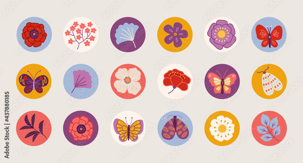 Summer circle stickers with flower, leaves, butterfly, moth, poppy ...