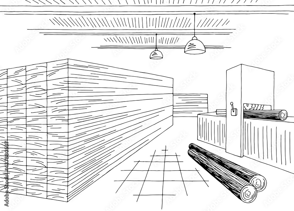 Sawmill interior graphic black white sketch illustration vector Stock ...