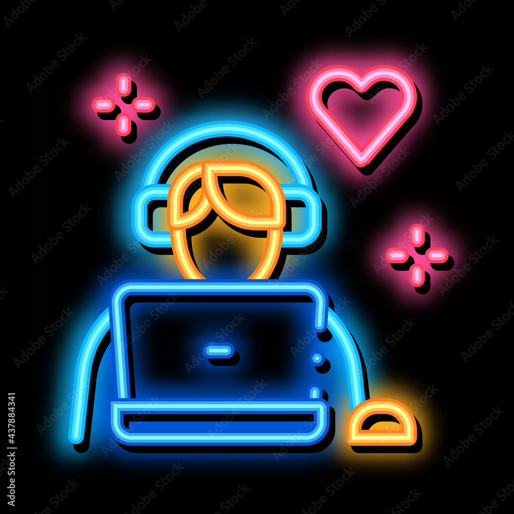 Man in Headphones at Computer neon light sign vector. Glowing bright ...