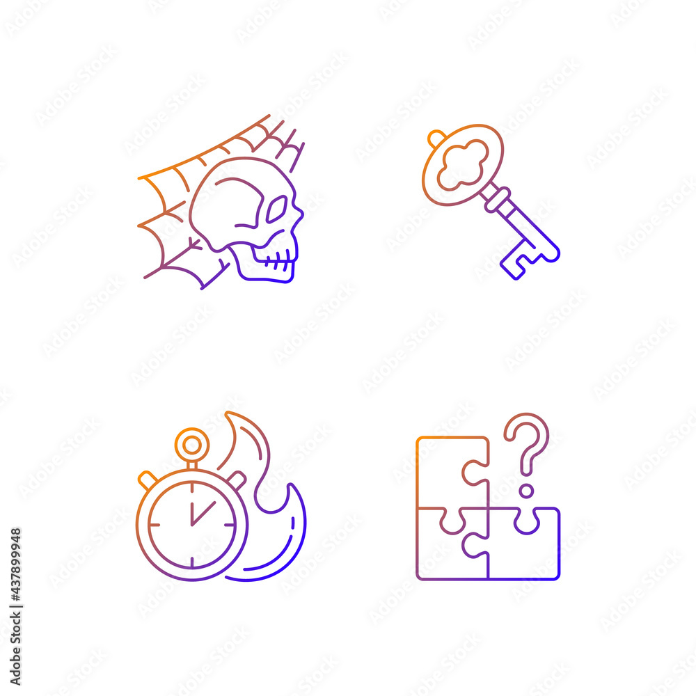 Quest room gradient linear vector icons set. Skull with spider web ...