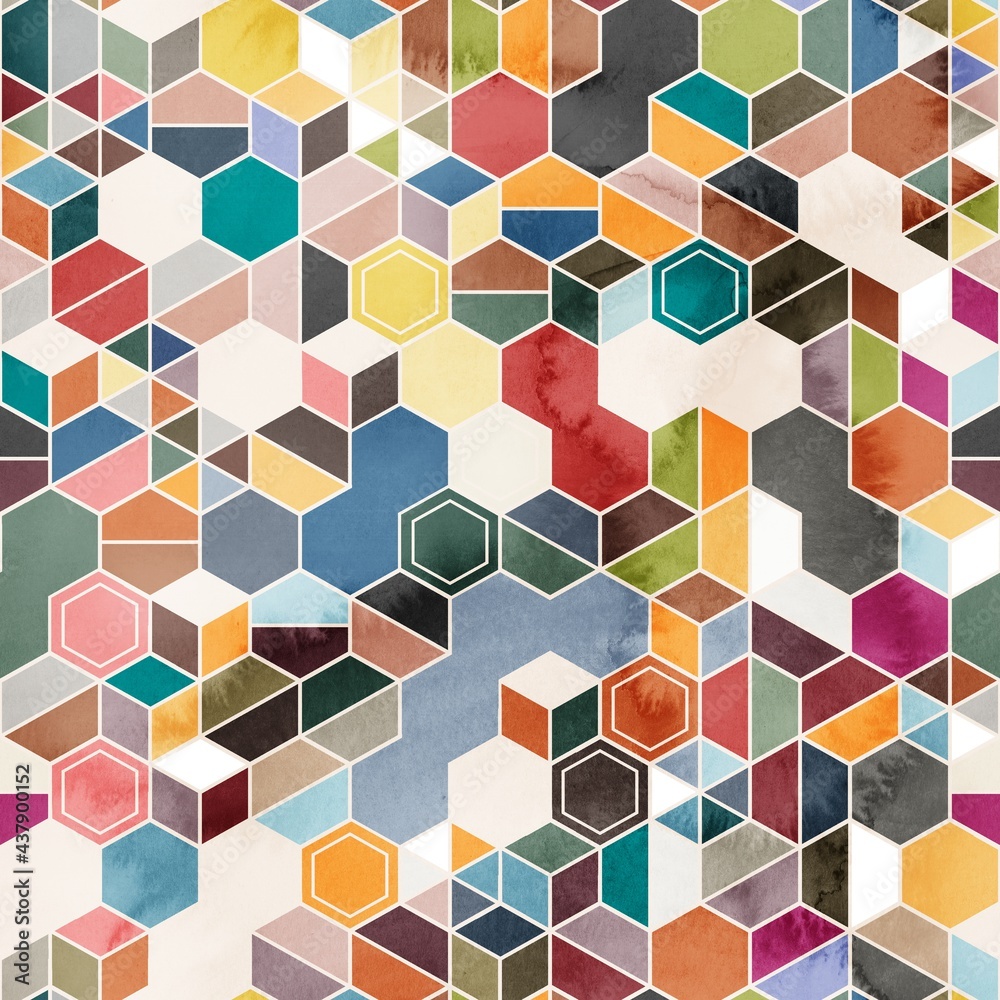 Seamless pattern of hexagons in random colors in watercolor. High ...