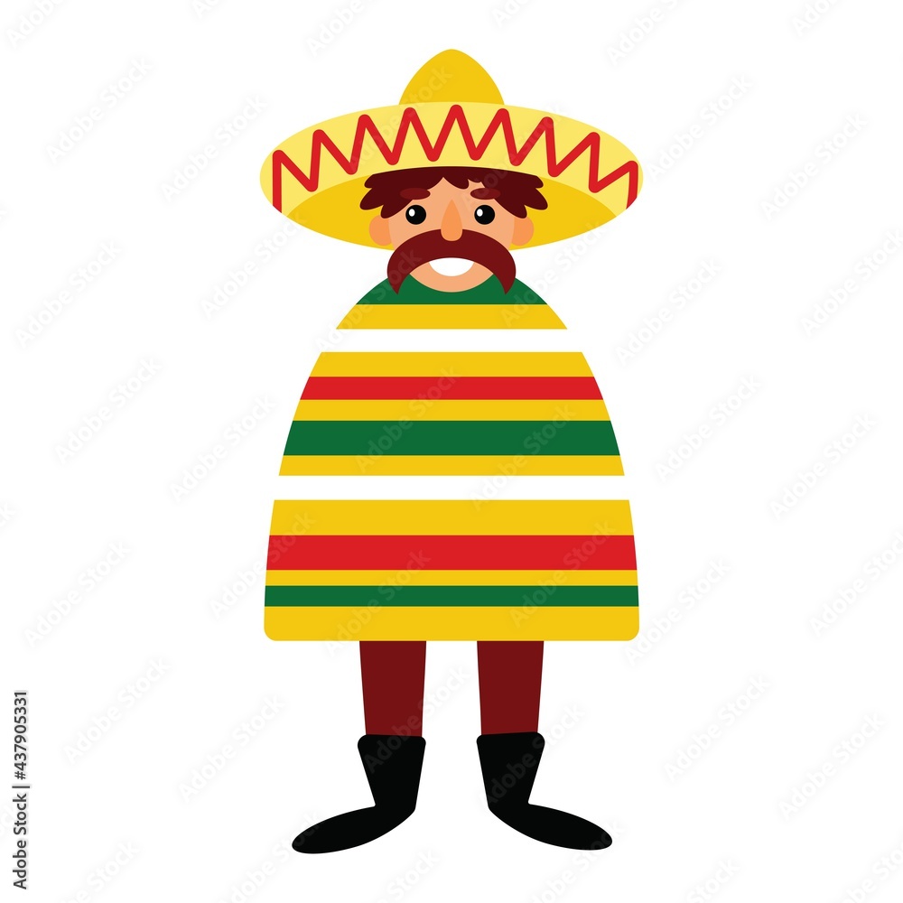 Cartoon funny Mexican character with mustache, poncho, and sombrero ...