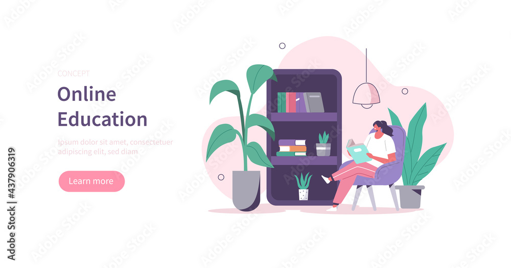 Character sitting at home and reading book in online library on ...