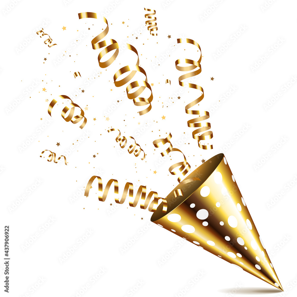 Gold party hat with stars, ribbons and confetti, isolated on white ...