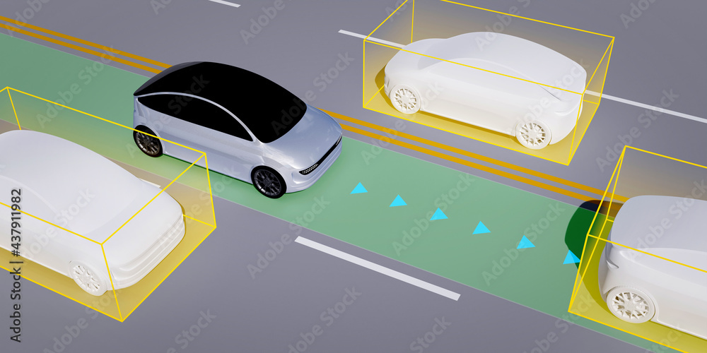 self-driving car, autonomous driving, 3D rendering image. autopilot ...