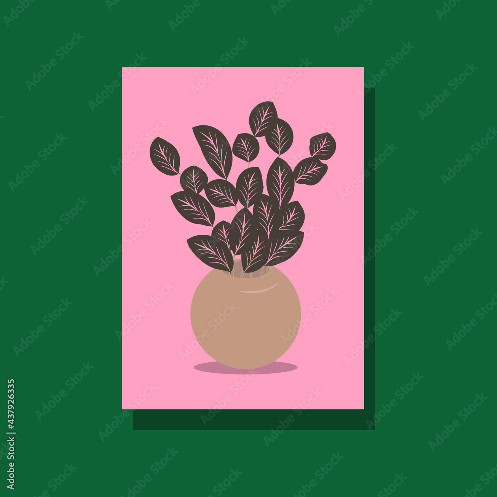 Poster vas bunga dengan hiasan daun latar belakang pink Stock Vector ...
