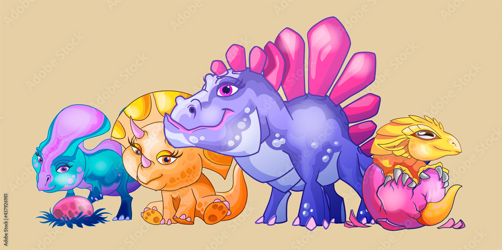 Cute little dinosaurs cartoon set. Playin with egg, stand, born from an ...