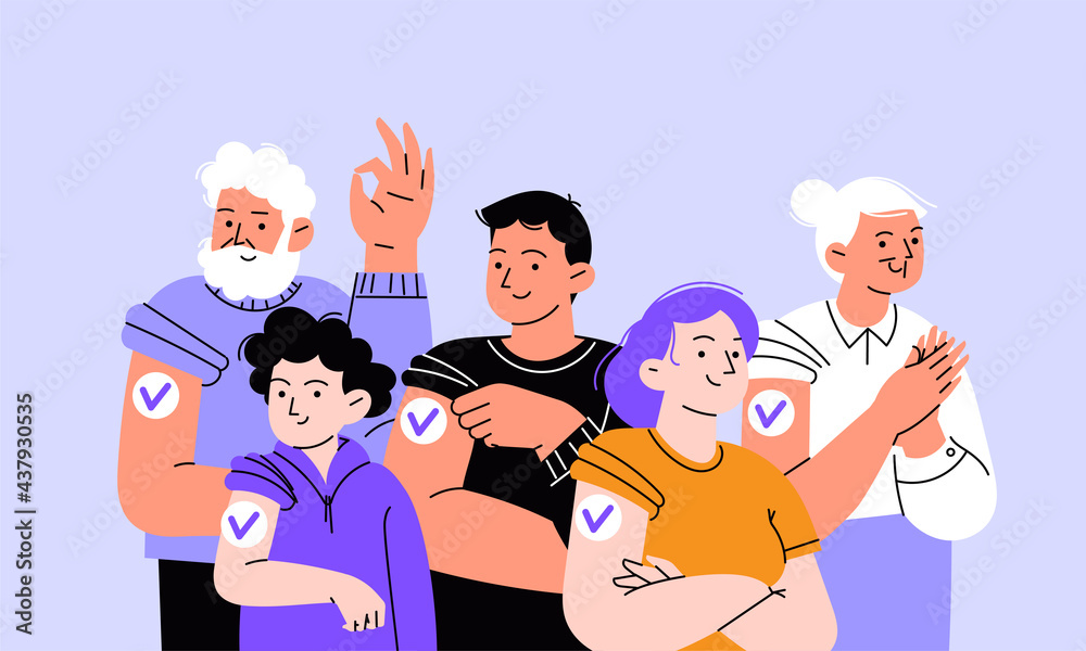 Big vaccinated family portrait. Parents grandparents and a child with ...