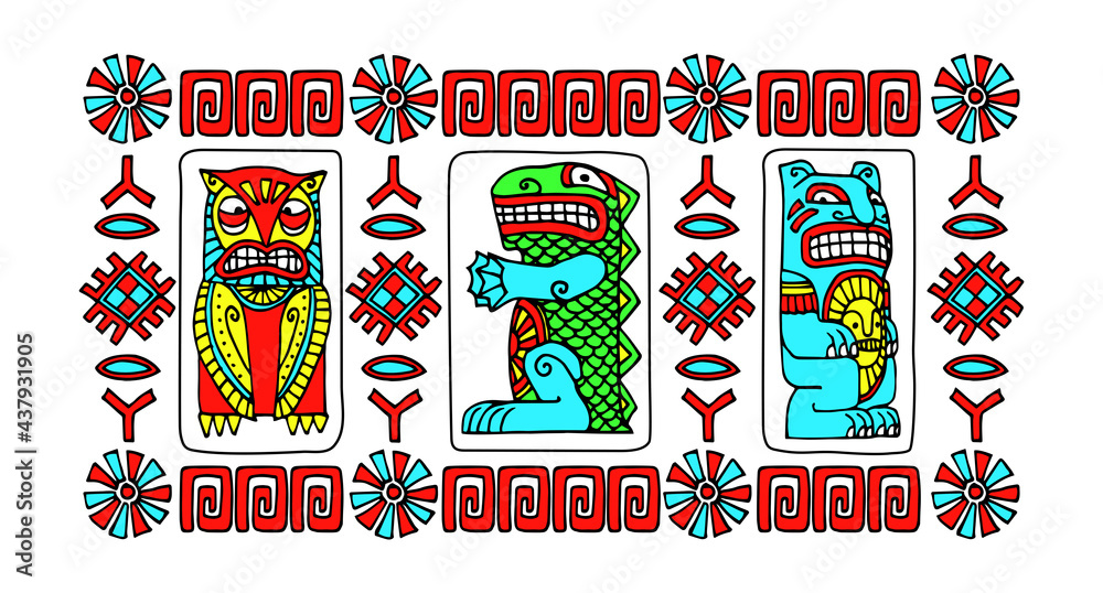 indian decorative totem animals, owl, crocodile, bear, patterns for ...