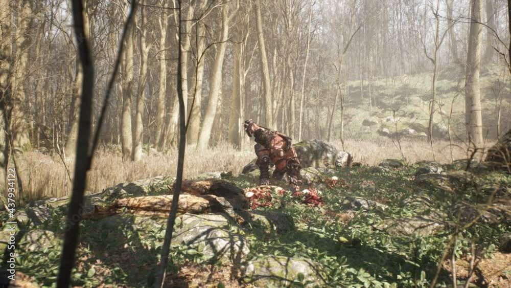 A warlike Orc lifts the severed head of a slain enemy from the ...