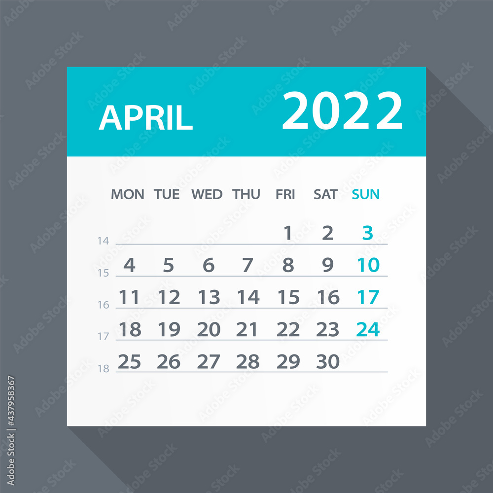 April 2022 Calendar Green Leaf - Vector Illustration. Week starts on ...