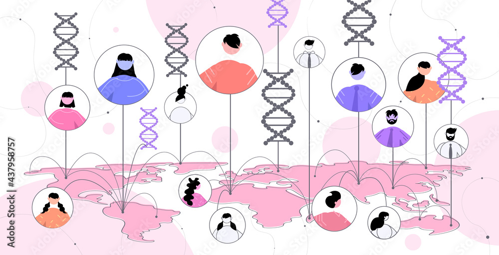 people avatars and DNA structure on world map DNA testing genetic ...