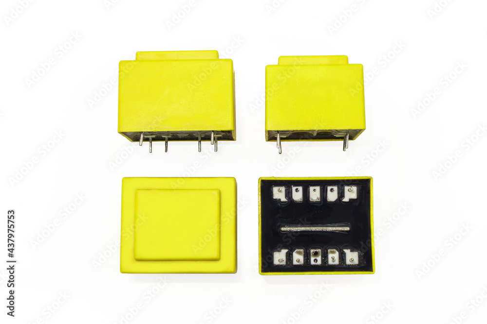 Solid-state relays of common purpose. Top, bottom and side views. White ...