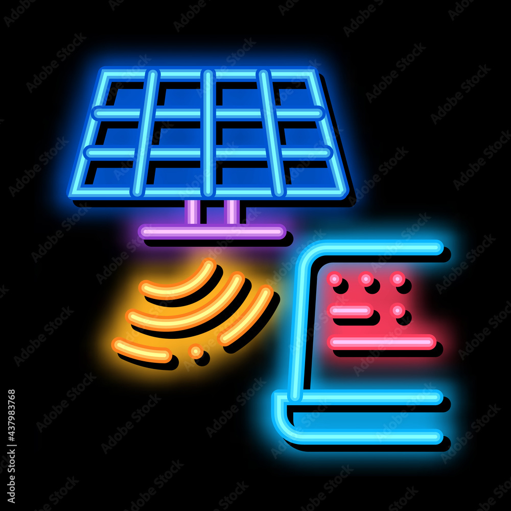 solar signal transmission to computer neon light sign vector. Glowing ...