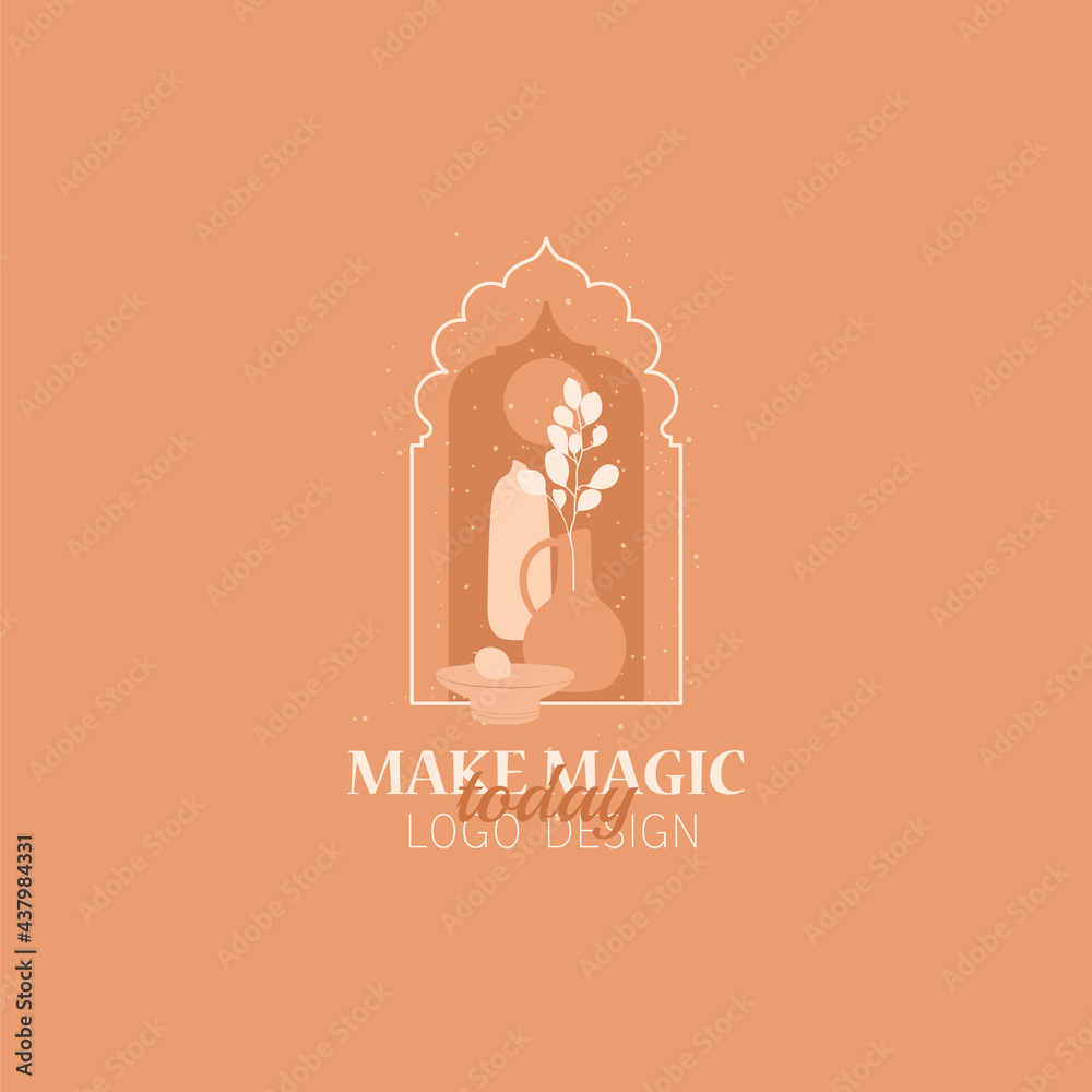 Vector concept of trendy arch logo with floral and different vases ...