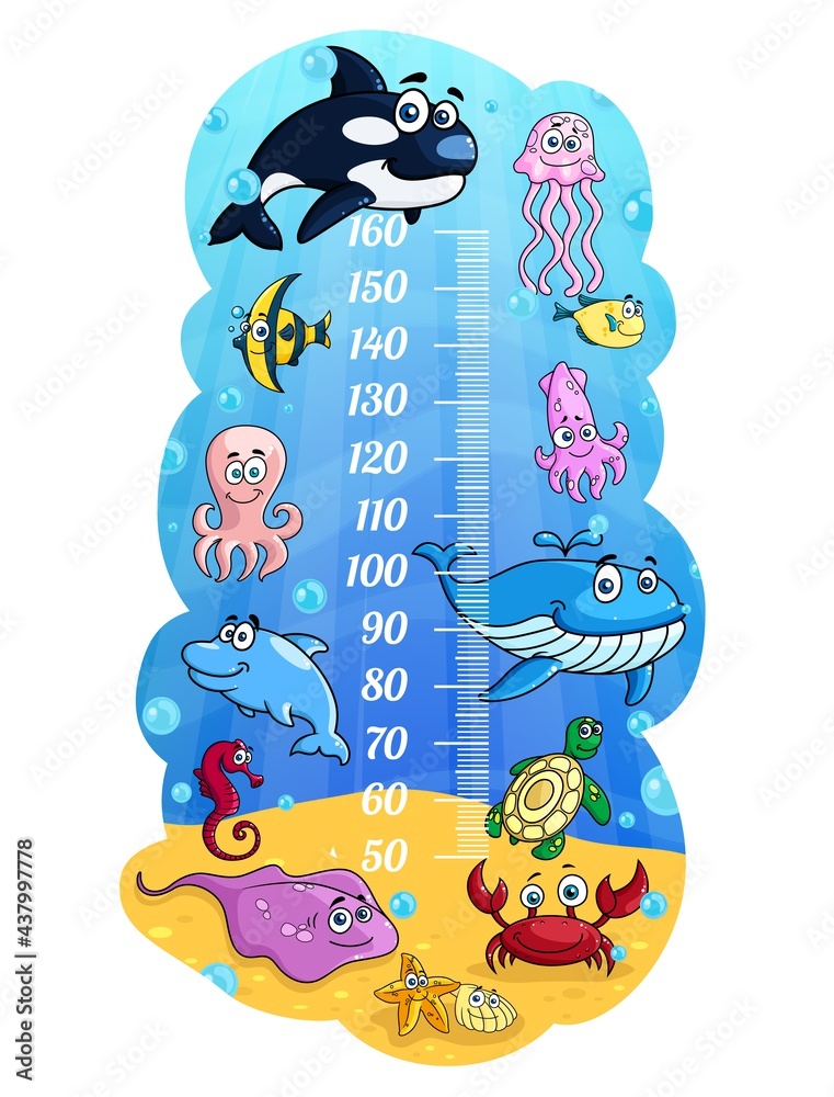 Kids height chart, cartoon sea animals growth measure meter with cute ...