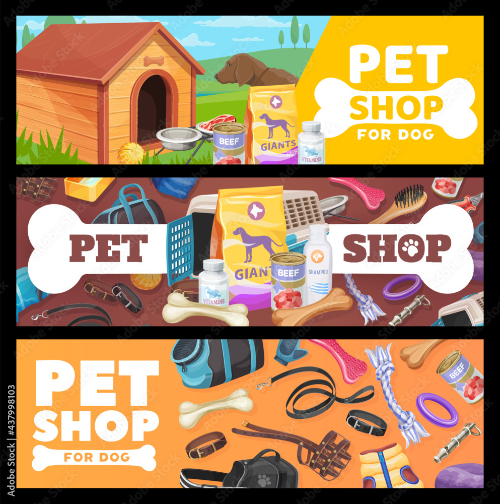 Pet shop banners, dog pet care items and toys. Vector ad promo cards ...