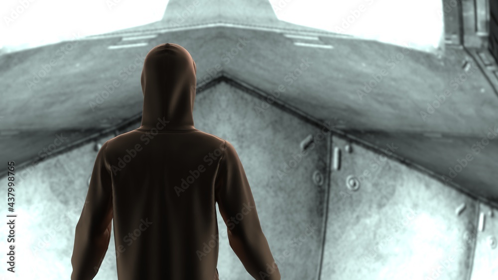 Anonymous hacker with blown leather hoodie in shadow under spaceship ...