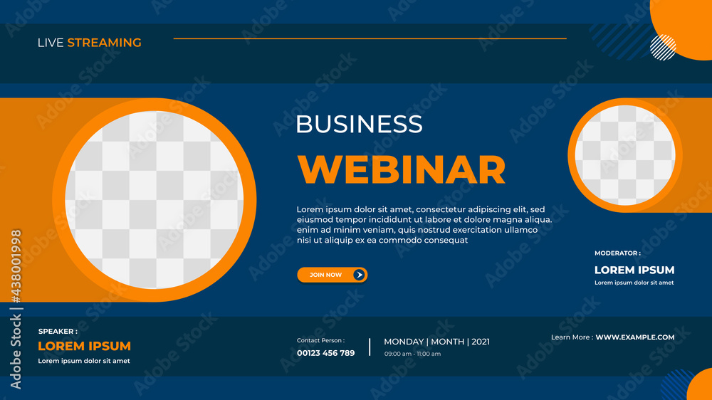 Business webinar banner template for website with orange circle frame ...