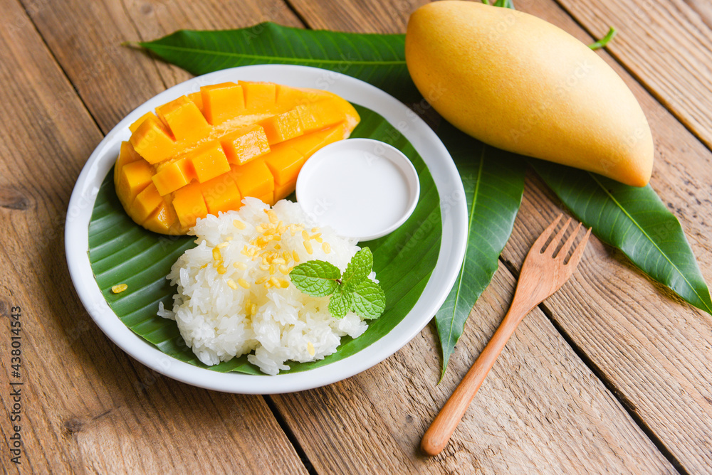 Ripe mango rice cooked with coconut milk, Sticky rice summer tropical ...