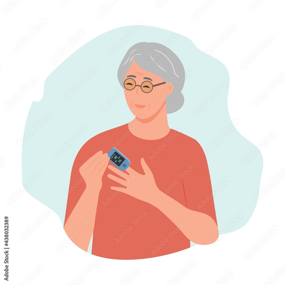 Senior woman using pulse oximeter device on finger.Pulse Oximeter with ...