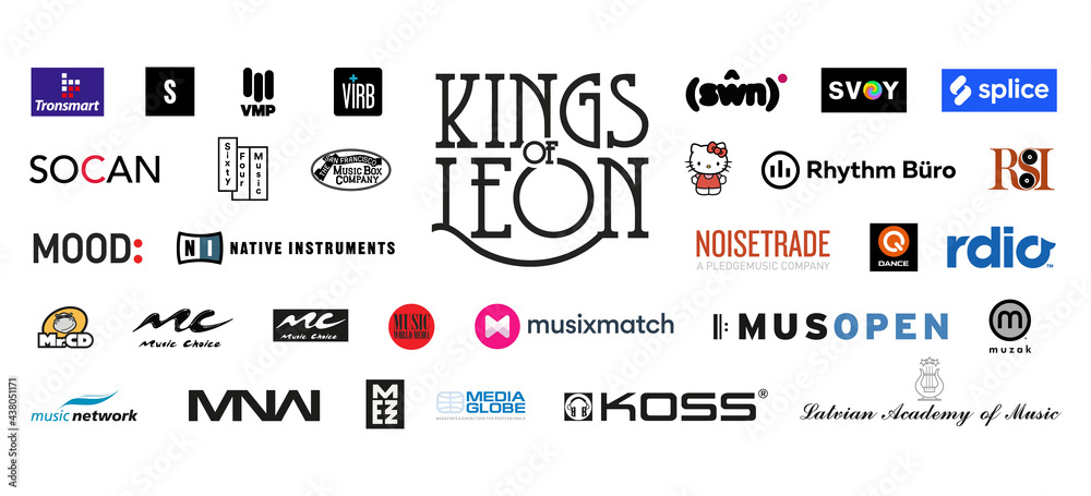logos of famous music brands, badges with logos of music studios and ...