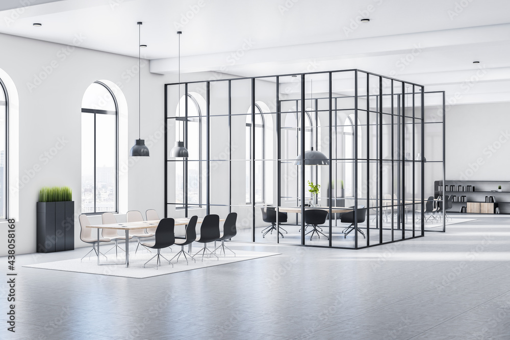 Sunny huge stylish open space office with arched windows, white walls ...