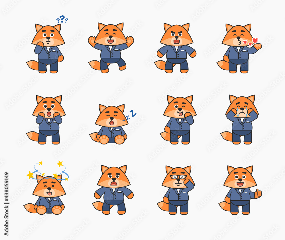 Fox mascot in business suit showing various emotions. Cute fox thinking ...