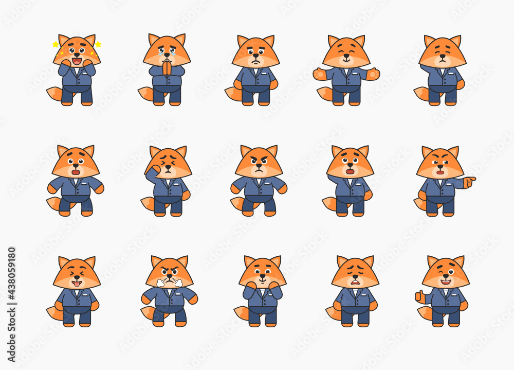 Fox mascot in business suit showing various emotions. Cute fox ...