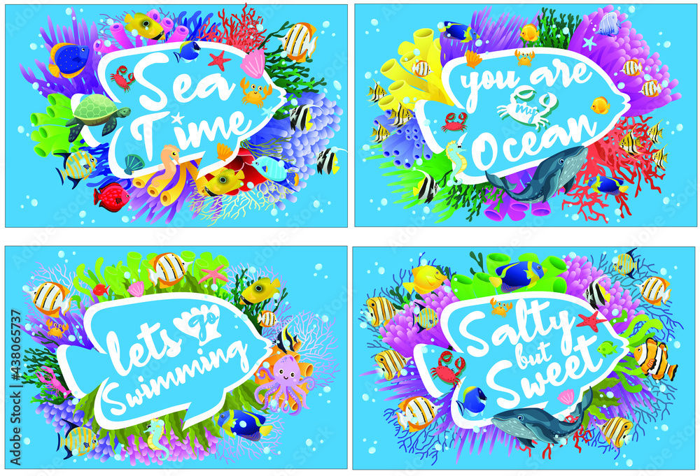 ocean poster set template collection for border decoration. sea time ...