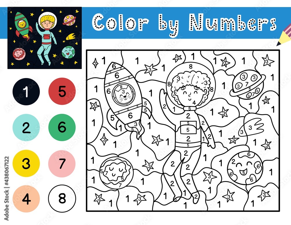 Color by number game. Space activity page for kids. Cute astronaut boy ...