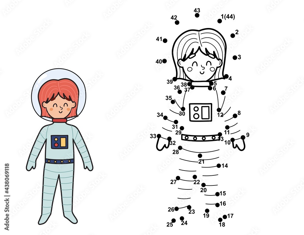 Connect the dots and draw a cute girl astronaut. Space dot to dot ...