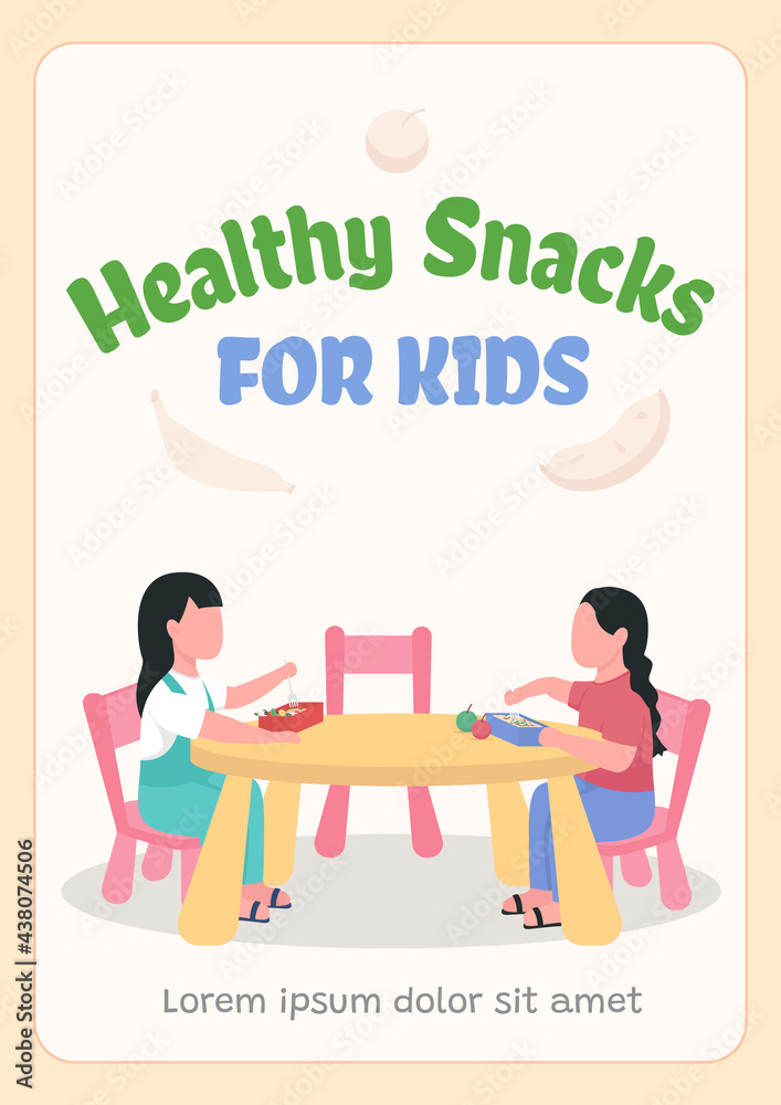 Healthy snacks for kids poster flat vector template. School packed ...