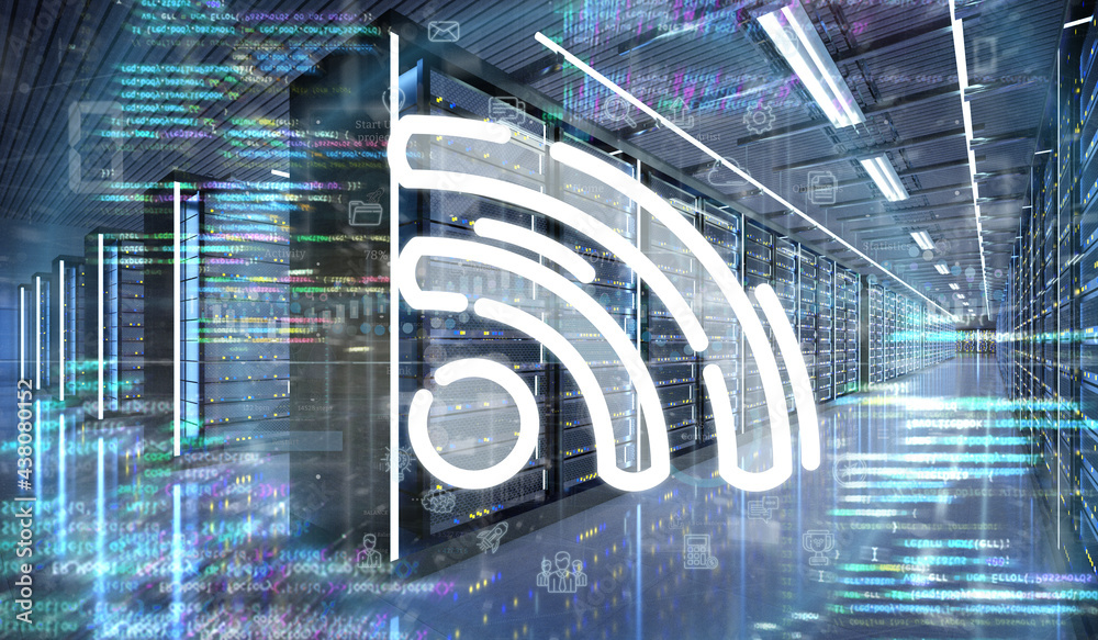 Wifi icon in a Server room data center - 3d rendering Stock ...